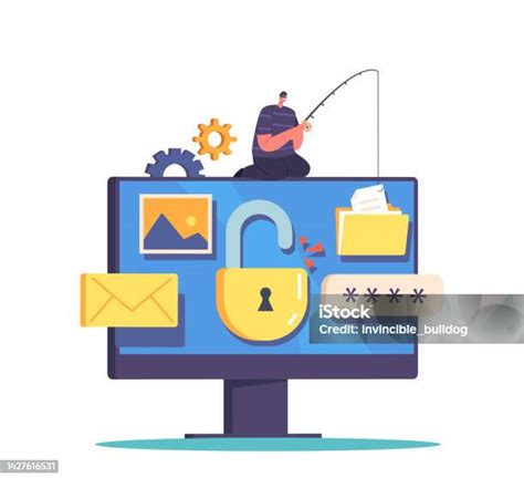 Tiny Hacker Male Character Sitting On Huge Computer With Rod Phishing
