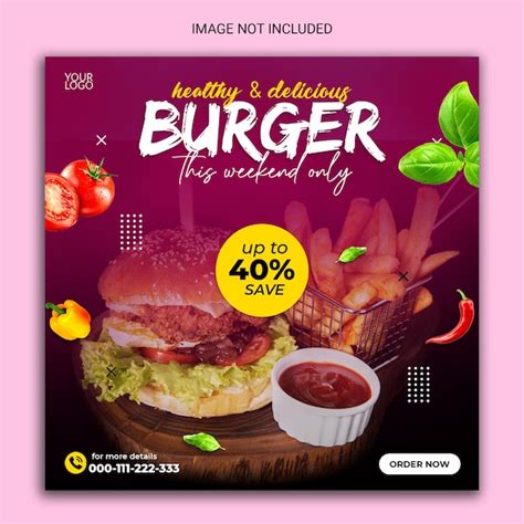 건강하고 맛있는 버거와 음식 메뉴 소셜 미디어 포스트 템플릿 디자인 프리미엄 Psd 파일
