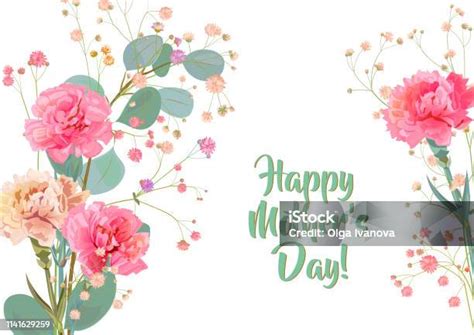 카네이션이 있는 가로 어머니의 날 카드 화이트 레드 핑크 꽃 나뭇가지 집시 잎 유칼립투스 흰색 배경 디자인에 대 한 템플릿