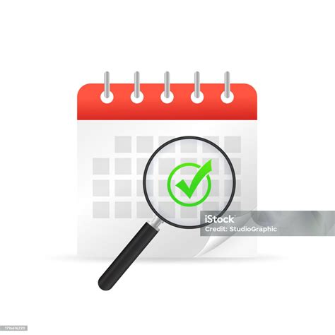 달력 아이콘과 돋보기로 개념을 검색합니다 문서 목표 설정과 함께 돋보기 계획 및 일정 웹 사이트 포스터 또는 배너 사업 개념입니다 벡터 그림 달력에 대한 스톡 벡터 아트 및