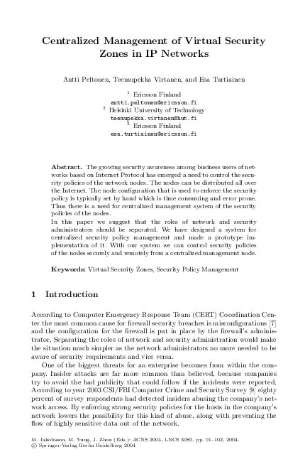Pdf Centralized Management Of Virtual Security Zones In Ip Networks