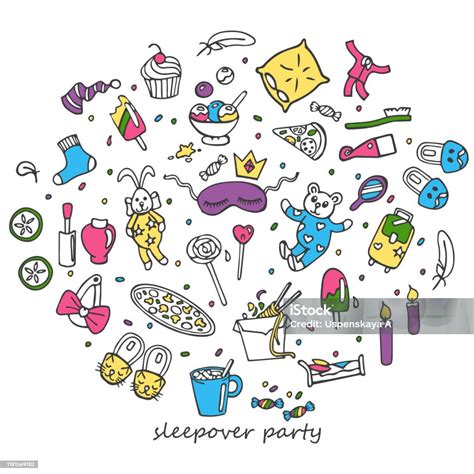 파자마 파티를 위해 손으로 그린 개체의 색칠 세트 낙서 스타일에서 흰색 배경에 격리 된 검은 색 윤곽선 배너 카드 색칠 공부 책 스티커 디자인 비즈니스 벡터 그림입니다 밤샘