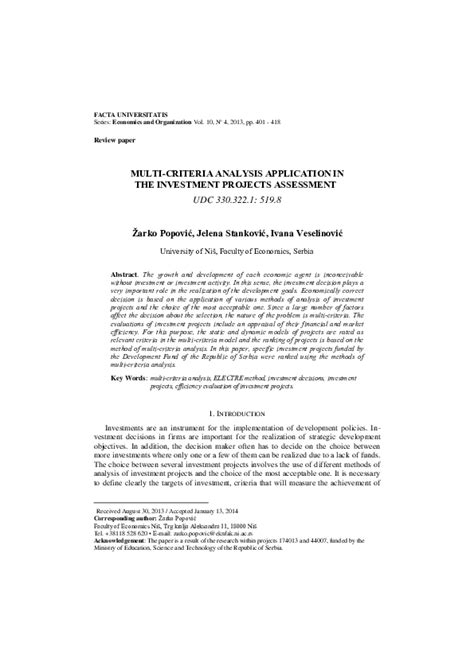 Pdf Multi Criteria Analysis Application In The Investment Projects Assessment