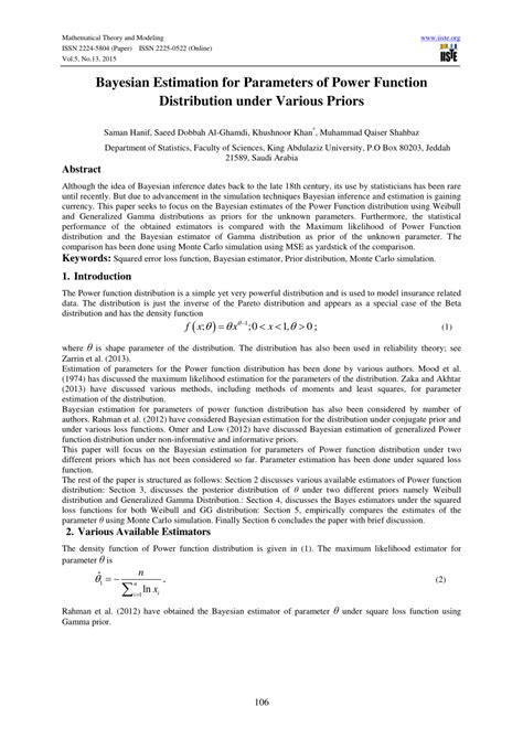 Pdf Bayesian Estimation For Parameters Of Power Function Distribution