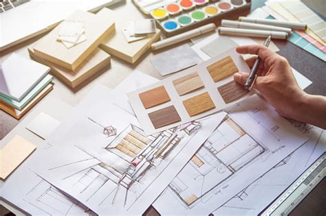 건축가 디자이너 인테리어 크리에이티브 작업 손 그리기 스케치 계획 블루 프린트 선택 재료 색상 샘플 아트 도구 디자인 스튜디오 개념에 대한 스톡 사진 및 기타 이미지