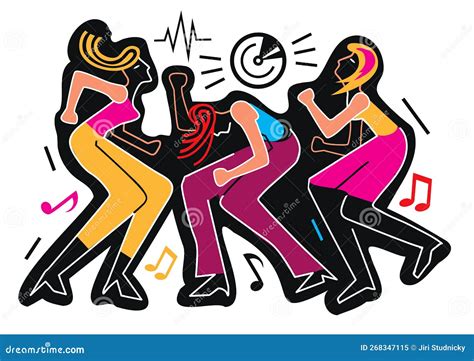 Three Dancing Girls Wild Crazy Dance Partycartoon Stock Vector