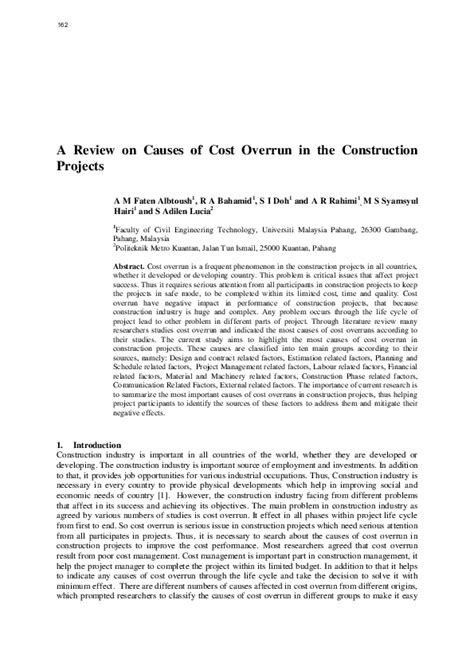 Pdf A Review On Causes Of Cost Overrun In The Construction Projects