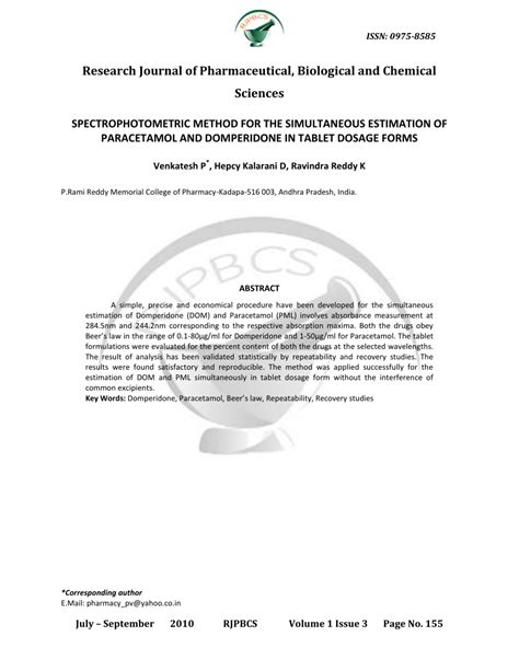 Pdf Spectrophotometric Method For The Simultaneous Estimation Of Paracetamol And Domperidone