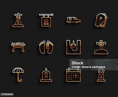 세트 라인 우산 무덤 묘비 십자가 달력 죽음 위치 무덤 시체 아이콘관 벡터 검은색에 대한 스톡 벡터 아트 및 기타 이미지 검은색 공포 무서움 관 제작물 Istock