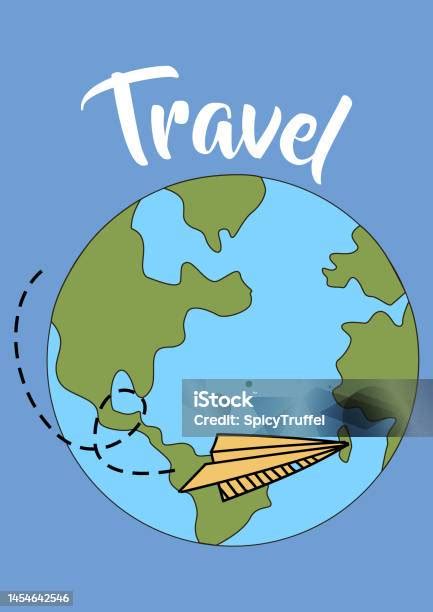 낙서 종이 비행기가 지구 주위를 날아다닙니다 여행 포스터 행성과 접힌 종이 접기 비행기와 길 흔적 국제선 항공 운송 세계 여행 벡터 그림 거리에 대한 스톡 벡터 아트 및