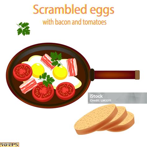 베이컨과 팬 클로즈업에 토마토와 튀긴 계란 베이컨 스크램블 계란입니다 벡터 0명에 대한 스톡 벡터 아트 및 기타 이미지 0명 건강한 식생활 계란 노른자 Istock