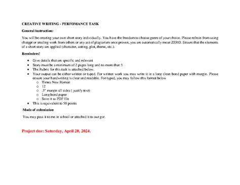 Cw Performance Task Creative Writing Creative Writing Perfomance