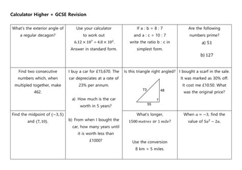 Gcse Calculator Revision Mats Higher And Foundation Teaching Resources