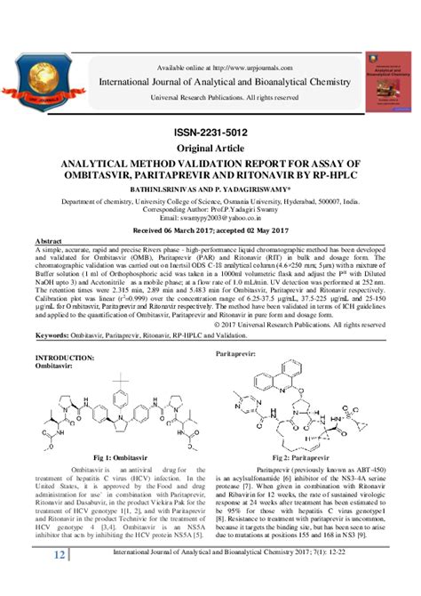 Pdf Analytical Method Validation Report For Assay Of Ombitasvir Paritaprevir And Ritonavir By
