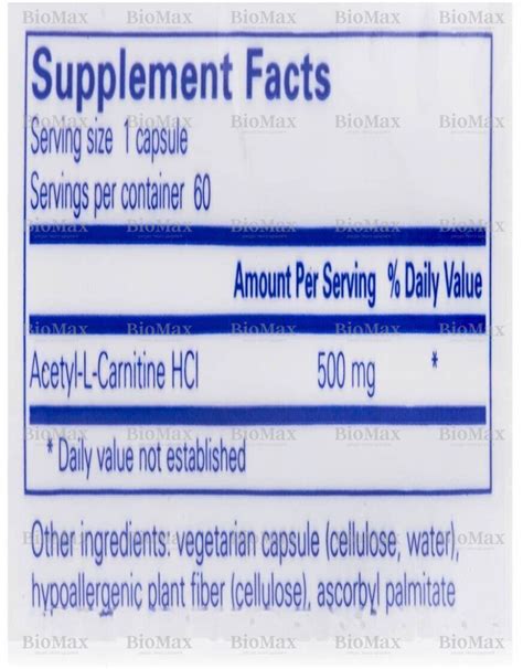 Ацетил-L-карнітин, Acetyl-l-Carnitine, Pure Encapsulations, 500 мг, 60 ...