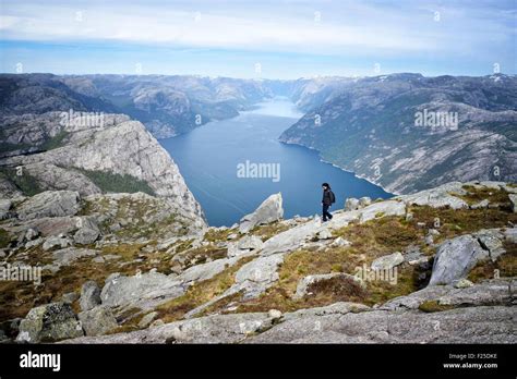 Norway Rogaland Lysefjord Hiker On The Trail To Preikestolen Pulpit