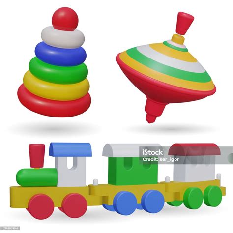 복고풍 장난감 세트 아이들을위한 컬러 회전 게임 자이로 스코프 회전 기차 레일 피라미드에 기관차 3d 벡터 일러스트 레이 션 과거의 가장 고전적인 장난감 0명에 대한 스톡