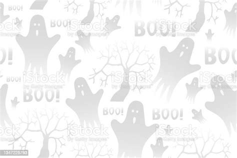 원활한 패턴 해피 할로윈 파티 무서운 나무 유령과 문자 우우끝없는 흰색 배경 창의적 인 디자인 인쇄 가능한 직물 카드를위한 핸드 드로잉 벡터 클립 아트 그래픽 요소 개념에