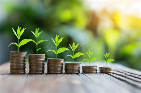 A Row Of Coins And Plants On A Wooden Table Growth And Prosperity
