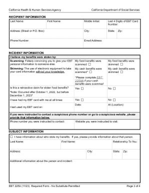 California Ebt 2259 Form Blank Fillable Template Fill Out Print