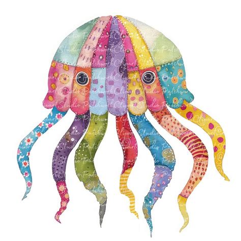 10 Jellyfish Clipart Bundle Printable Patchwork Sea Creature Cute Quilted Illustrations
