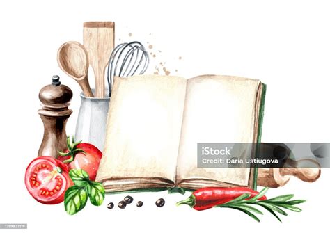 쿡그 개념 템플릿 주방 용품이 구비된 카피 공간과 채소가 있는 오픈 쿡북 흰색 배경에 격리 된 수채화 손으로 그린 일러스트레이션 요리책에 대한 스톡 벡터 아트 및 기타