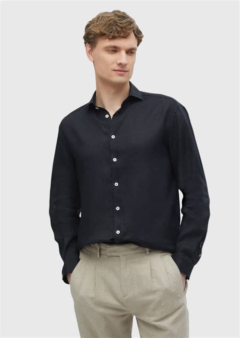 Black Plain Casual Fit Long Weaving Casual 100 Linen Shirt