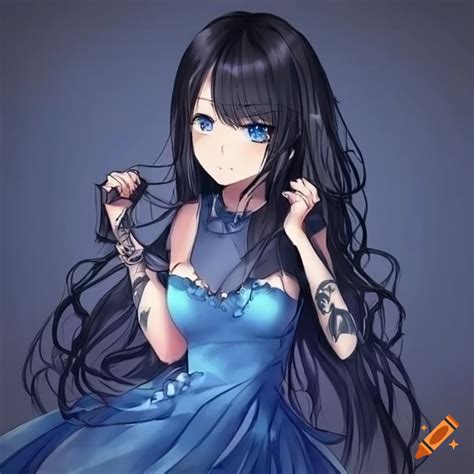 Anime Girl With Black Hair And Blue Eyes In A Royal Blue Dress On Craiyon