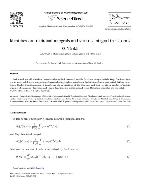Pdf Identities On Fractional Integrals And Various Integral Transforms
