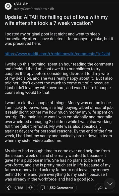 Not Oop Update Aitah For Falling Out Of Love With My Wife After She Took A 7 Week Vacation