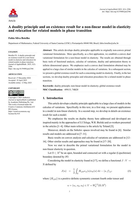 Pdf A Duality Principle And An Existence Result For A Non Linear Model In Elasticity And