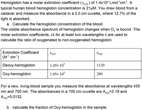 Solved Hemoglobin Has A Molar Extinction Coefficient 8520 Of 1 4x104 Lmol Icm1 A Typical