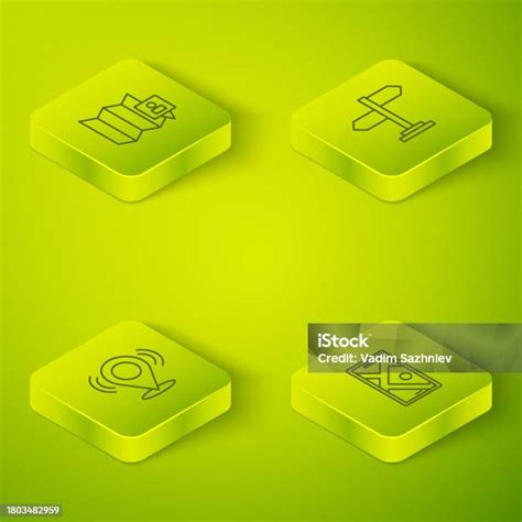 등각 투영 선 도로 교통 표지판 지도 핀 지도 탐색 및 위치 마커 아이콘으로 접히기를 설정합니다 벡터 3차원 형태에 대한 스톡