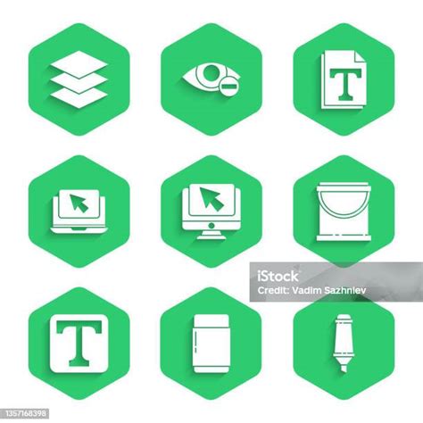 컴퓨터 모니터 및 커서 지우개 고무 마커 펜 페인트 버킷 텍스트 노트북 파일 문서 및 레이어 아이콘을 설정합니다 벡터 고무에 대한 스톡 벡터 아트 및 기타 이미지 Istock