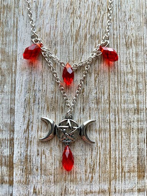 Triple Moon Red Crystal Pentagram Moon Charm Necklace Wicca Necklace