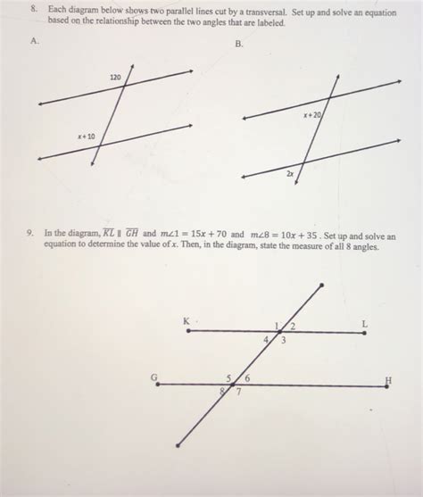 solved 8 each diagram below shows two parallel lines cut by a