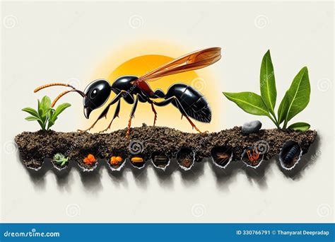 Detailed Cross Section Of An Ant Colony With Visible Underground Chambers Depicting An Ant