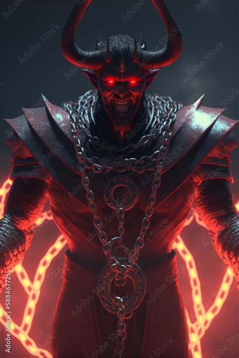 Horned Demon With Chains In Armor With Glowing Eyes Using Dark Magic