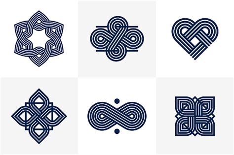 로고 생성을위한 그래픽 디자인 요소 얽힌 선 빈티지 스타일 아이콘 컬렉션 추상적 인 기하학적 선형 기호 벡터 세트 고급 호텔에