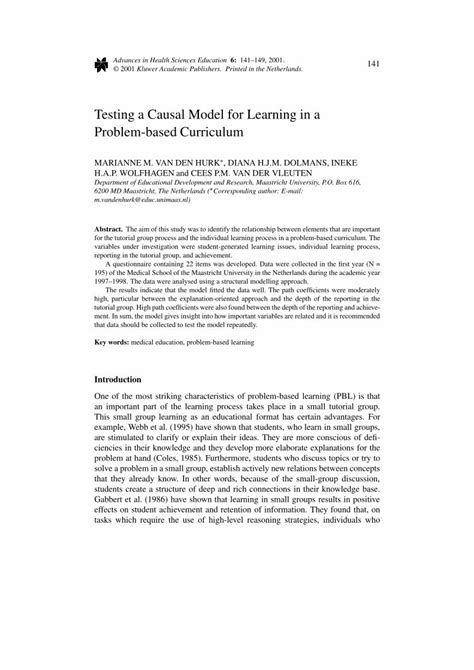 Pdf Testing A Causal Model For Learning In A Problem Based Curriculum Dokumen Tips