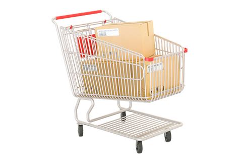 소포와 장바구니 주문 및 배달 개념 흰색 배경에 고립 된 3 차원 렌더링 3차원 형태에 대한 스톡 벡터 아트 및 기타 이미지 3차원 형태 개념과 주제 기업 재무와