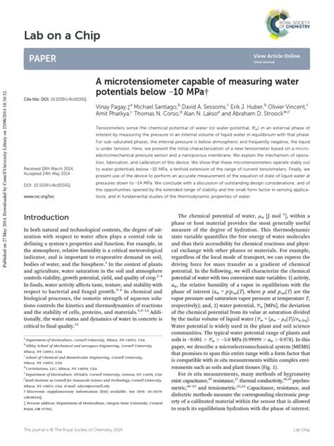 A Microtensiometer Capable Of Measuring Water Potentials Below 10 Mpa Pagay Et Al Lab On