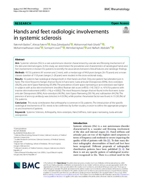 Pdf Hands And Feet Radiologic Involvements In Systemic Sclerosis Reza Zahedpasha