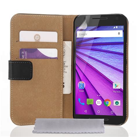 Motorola Moto G 3rd Gen Real Leather Wallet Case Black