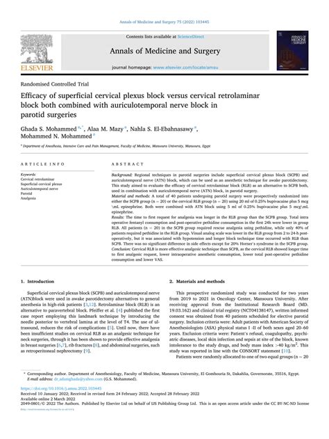 Pdf Efficacy Of Superficial Cervical Plexus Block Versus Cervical Retrolaminar Block Both
