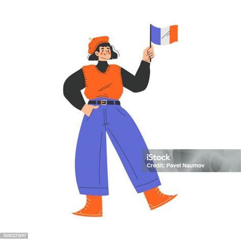 빨간 조끼와 베레모를 입은 전형적인 프랑스 여성 캐릭터가 깃발 벡터 삽화와 함께 서 있다 국가 관광명소에 대한 스톡 벡터 아트