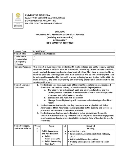 Maksi Syllabus Auditing And Assurans Ver Final Ans Update Gasal 19 20 Pdf Financial Audit Audit