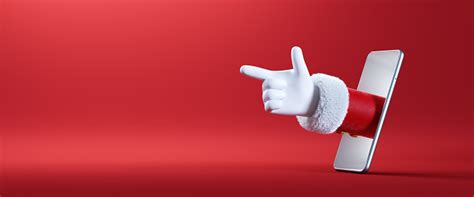 3d 렌더링 만화 캐릭터 산타 클로스 손은 스마트 폰 화면을 튀어 나와 손가락을 가리키는 보여줍니다 빨간색 배경이있는 크리스마스 배너 추천 개념 Brand Name