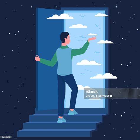 판타지와 알 수 없는 미래로 가는 길 열린 천국 앞 계단에 서 있는 남자 문에 대한 스톡 벡터 아트 및 기타 이미지 문 열기 열다 Istock