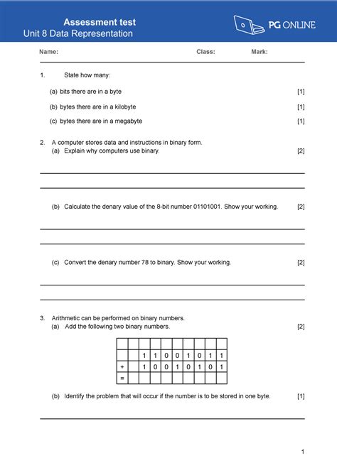 Unit 2 Assessment Test Data Representation Name Class Mark 1